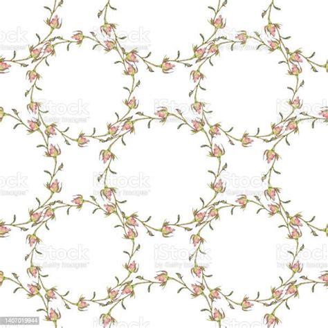 디자인을위한 원활한 패턴 수채화 원형 프레임 테두리 템플릿 흰색 배경에 꽃 분홍색 장미와 잎이있는 가지 손으로 그린 여름 식물