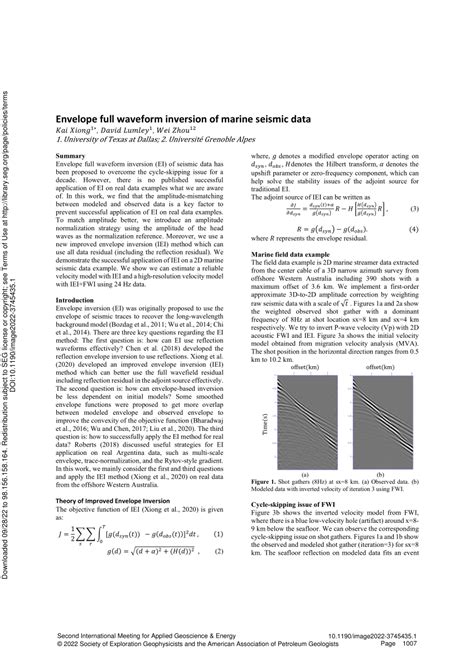 Pdf Envelope Full Waveform Inversion Of Marine Seismic Data