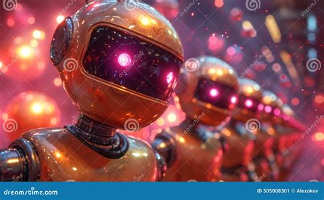 3d Rendering Of A Group Of Robots With Glowing Lights On The Background Generative Ai Stock