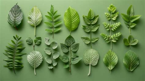 Variety Of Green Leaves On Green Background Nature Botany Plant