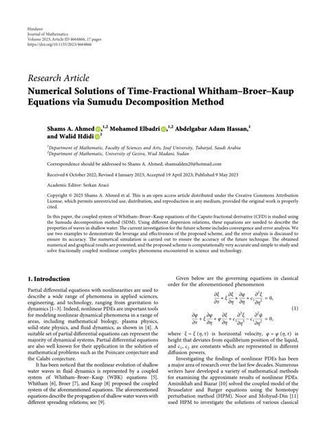 Pdf Numerical Solutions Of Time Fractional Whitham Broer Kaup Equations Via Sumudu