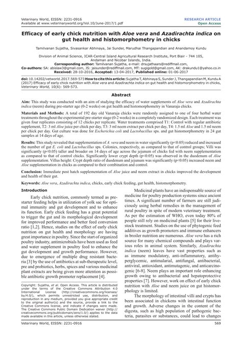 Pdf Efficacy Of Early Chick Nutrition With Aloe Vera And Azadirachta Indica On Gut Health And