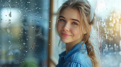 Ai Generated Young Pretty Woman In A Blue Dress Washes A Window