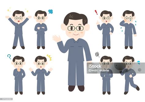 중년 남성의 벡터 일러스트 블루 칼라 노동자 다양한 얼굴 표정과 제스처 아이콘 집합입니다 가리키기에 대한 스톡 벡터 아트 및