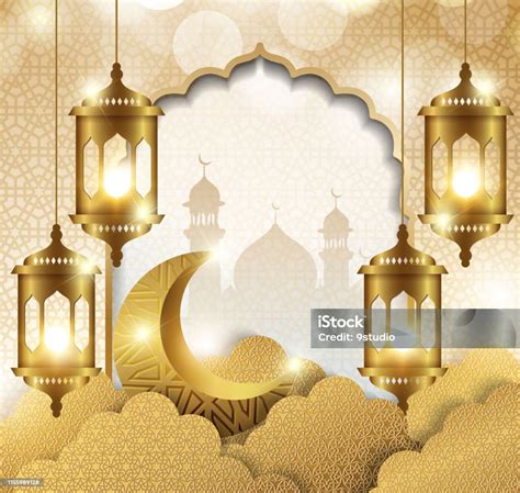 황금 등불 3d 종이 구름과 이슬람 화려한 인사 배경 라마단 카렘 반 달 0명에 대한 스톡 벡터 아트 및 기타 이미지 0명 Ramadan Kareem 공휴일 Istock