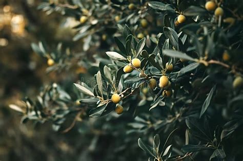 Olive Branch Showing Green And Yellow Olives Growing On Tree Stock