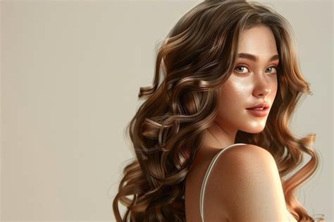 Beautiful Model With Long Wavy Hair And Curly Brunette Style Premium