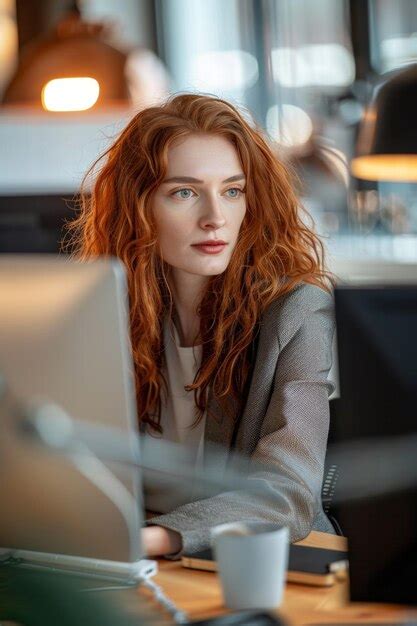 Woman Working At A Computer In The Office Generative Ai Premium Ai