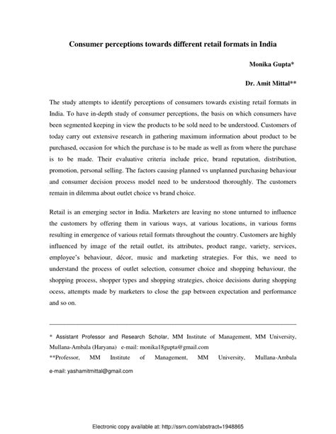 Pdf Consumer Perceptions Towards Different Retail Formats In India