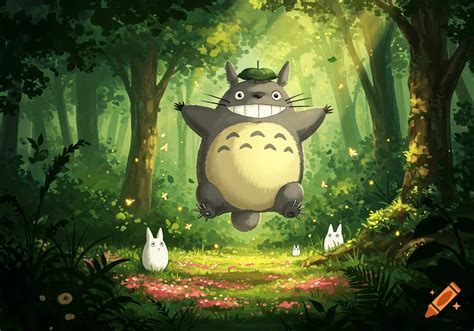 Large Gray Totoro Surrounded By Forest Foliage Pink Flowers And Small