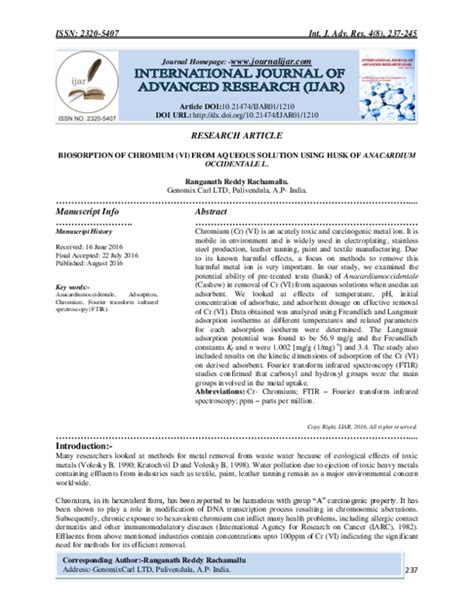 Pdf Biosorption Of Chromium Vi From Aqueous Solution Using Husk Of