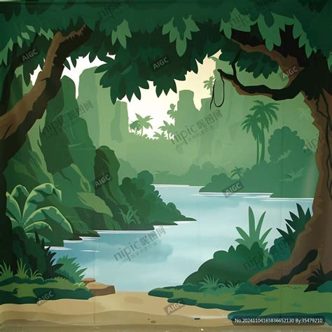 Ai创作图扁平丛林插画 山水丛林 丛林景象 雨林插画 深林大场景 深林插画 丛林大场景 丛林河流 洞内的山林景观 丛林河道 丛林早晨 丛林美景 丛林景观 丛林的早晨 深林景观 昵图网