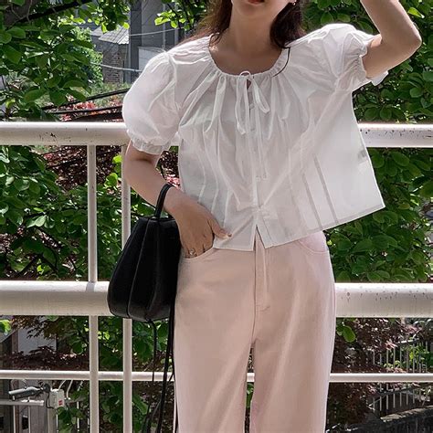 로렌하이 Sml사이즈 Made 로즌 리본 셔링 반팔 블라우스 2 Color