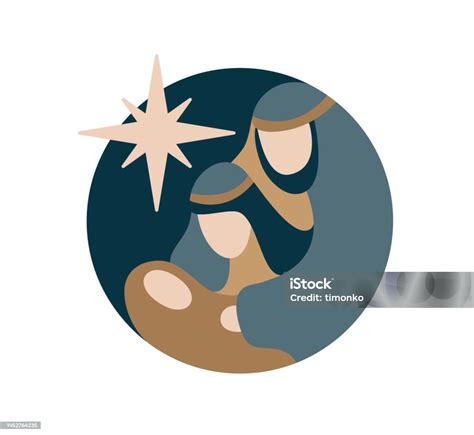 벡터 컬러 크리스마스 기독교 종교 탄생 마리아 요셉 별이 둥글게 예수 아기 장면 로고 아이콘 스케치입니다 손으로 그린 낙서 그림 그리기에 대한 스톡 벡터 아트 및 기타