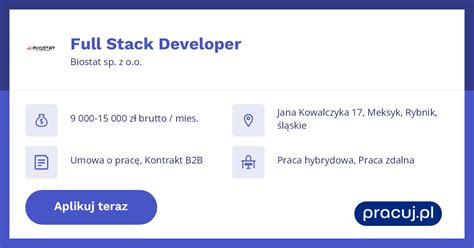 Oferta Pracy Full Stack Developer Biostat Sp Z Oo Rybnik