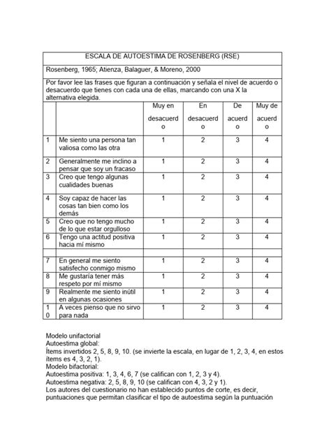 Escala De Autoestima Rosenberg Rse Pdf