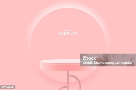 분홍색 3d 원형 실린더 스탠드 연단 받침대가 있는 최소한의 벽 장면은 가대 이젤 삼각대 및 분홍색 벽에 둥근 원 모양 뒤에