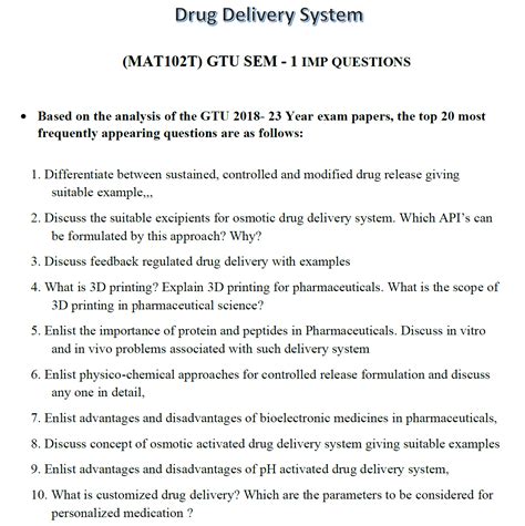 Drug Delivery Systemmat102t Gtu Sem 1 Imp Questions Download Now Dulomix
