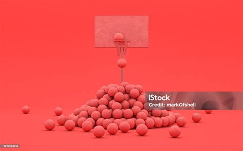 농구 후프 반지 평평한 흑백 빨간색 장면 단일 색상 3d 렌더링에서 여러 샷 후 농구 공의 무리와 백 보드 빨강에 대한 스톡 사진 및 기타 이미지 Istock