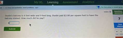Solved My IXL Learning Assessment Analytics Ade V Area And Perimeter Word Problems MY You
