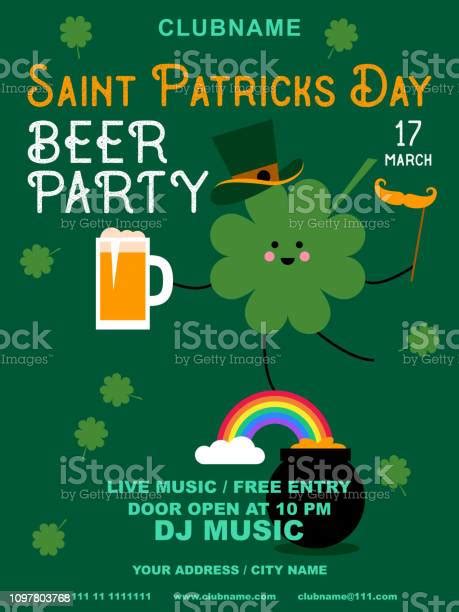 성 패 트 릭의 날 포스터입니다 그린 클로버의 잎 녹색 배경입니다 밤 파티 배너 또는 포스터입니다 초대 디스코 파티입니다 인쇄 술입니다 벡터 일러스트 레이 션 3월에 대한