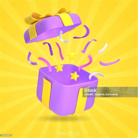 날아다니는 색종이와 별이 있는 3d 선물 상자가 있는 포스터 폭죽 놀라움의 상징 생일 파티 기념일을 위한 선물 상자 만화 스타일