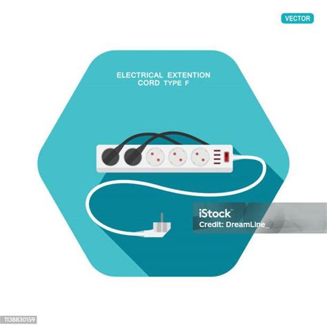 빨간색 스위치 4 개의 Usb 포트 두 개의 플러그 연결 및 청록색 배경에 그림자 현대 5 소켓 전기 연장 코드 유형 F의 벡터 육각형 아이콘 0명에 대한 스톡 벡터 아트