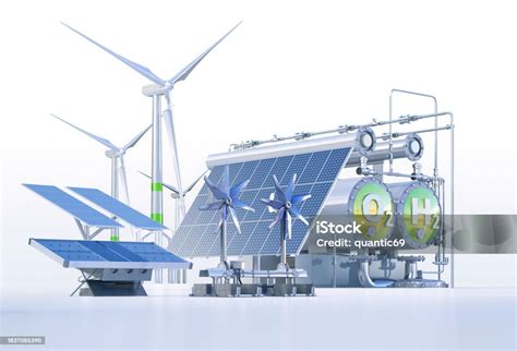 녹색 수소 태양 전지판 풍차 미래 친환경 에너지 H2 연료 녹색 수소 H2 생산 재생 가능한 전기 태양 전지 풍력 터빈 녹색 에너지를 얻는 대안 방법 3d 개념 수자원