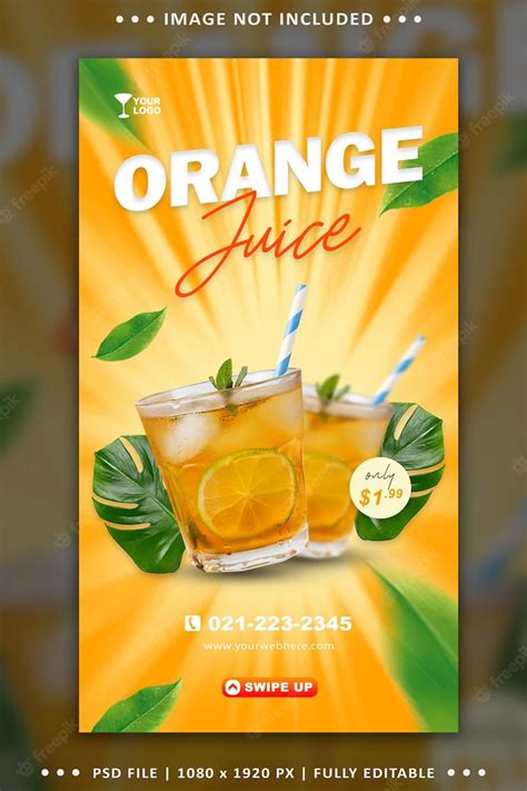 오렌지 주스 음료 음식 메뉴 소셜 미디어 스토리 템플릿 프리미엄 Psd 파일