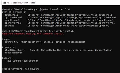 Dotnet Try Jupyter Install Gives Error Required Argument Missing For Command Install