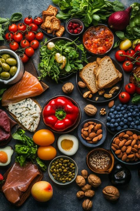 A Colorful Arrangement Of Fresh Vegetables Fruits Nuts And Proteins