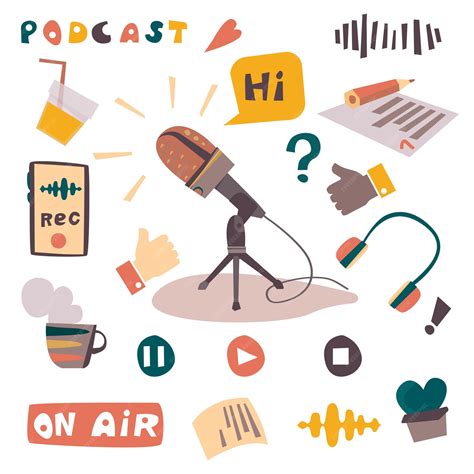 팟캐스트 컨셉 생방송 온에어 마이크 방송 테마가 있는 팟캐스트 배경 아이소메트릭 벡터 일러스트 레이 션 온라인 팟캐스트 라디오 평면 벡터 일러스트 레이 션