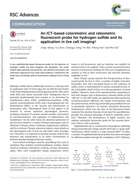 Pdf An Ict Based Colorimetric And Ratiometric Fluorescent Probe For
