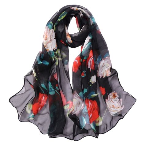 Black Scarf Fashion Women Roses Printing Long Soft Wrap Scarf