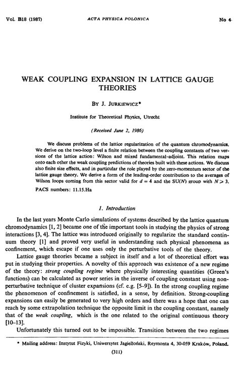 Pdf Weak Coupling Expansion In Lattice Gauge Theories