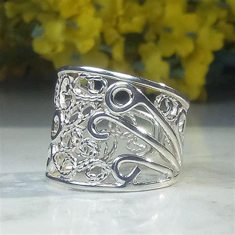 Silver Filigree Ring Wide Band Ring Botanical Ring Filigree Etsy