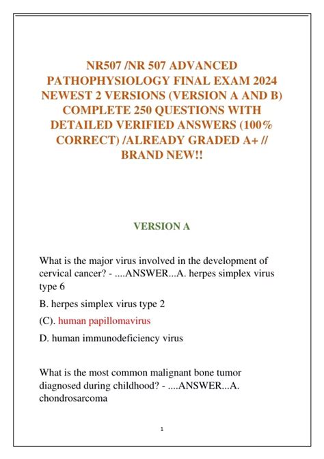 Nr507 Nr 507 Advanced Pathophysiology Final Exam 2024 Newest 2 Versions Version A And B