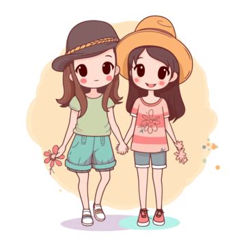 Bestie Clipart Two Girls In Shorts Holding Hands Drawing Illustration