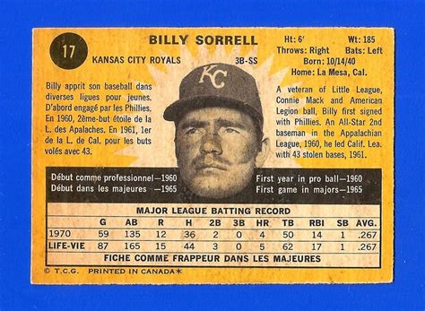 1971 Opc O Pee Chee Set Break 17 Billy Sorrell Kansas City Royals Sb1