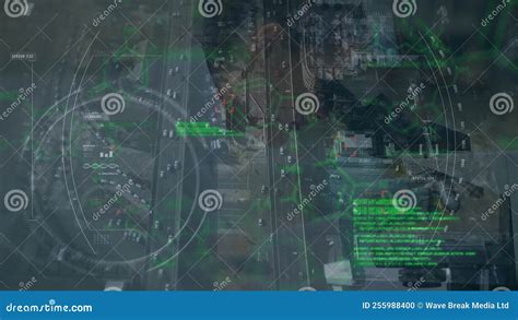 animation of data processing and caucasian scientist over cityscape stock footage video of