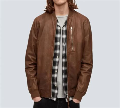 Mens Brown Bomber Jacket With Leather Effect Zipper Stardom Jackets
