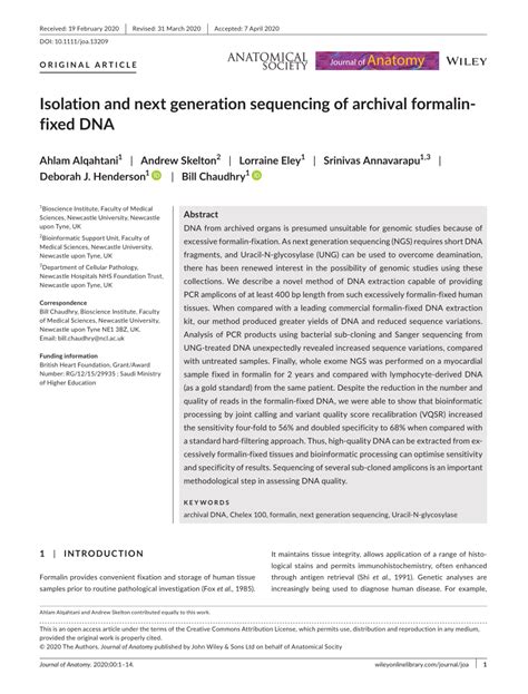 Pdf Isolation And Next Generation Sequencing Of Archival Formalin Fixed Dna