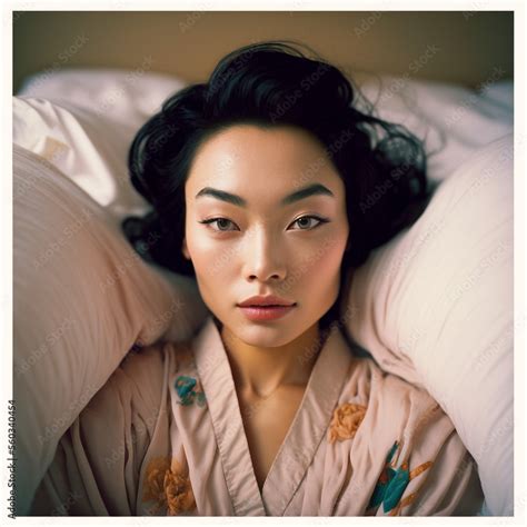 Generative Ai Young Asiatic Woman Indoors Lying Bed Looking Camera