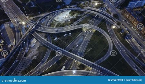 Aerial View Of Lighted Highway Road Junctions At Night Stock Video