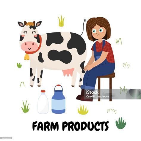 Farm Products Print Mit Einem Süßen Mädchen Das Eine Kuh Melkt Stock