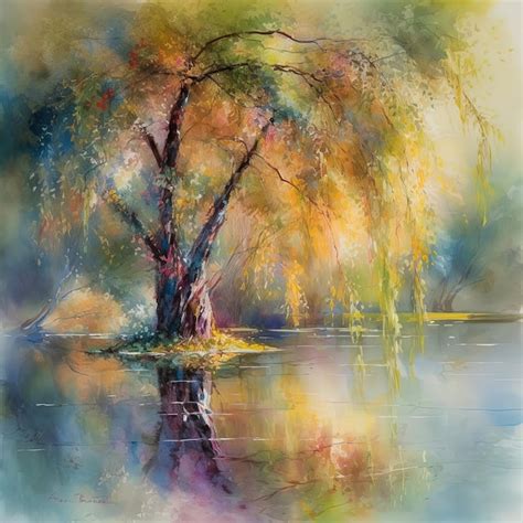 Premium Photo A Painting Of A Tree With A Reflection Of A Tree In The Water