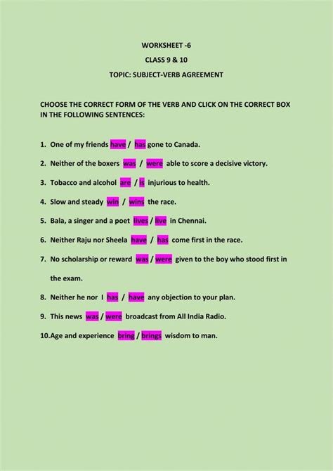 Class 10 Grammar Worksheet