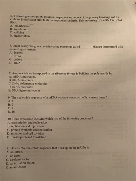 Solved 6 Following Transcription The Intron Sequences Are
