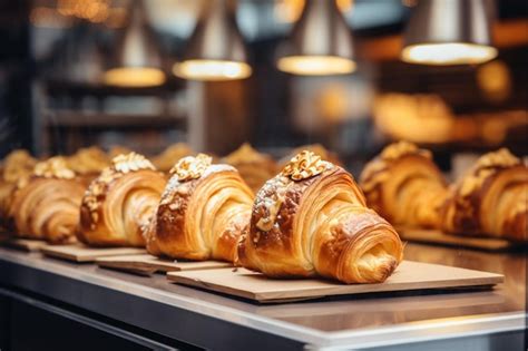 Premium Photo Dreamlike Array Of Glossy Croissants In Bakery Display