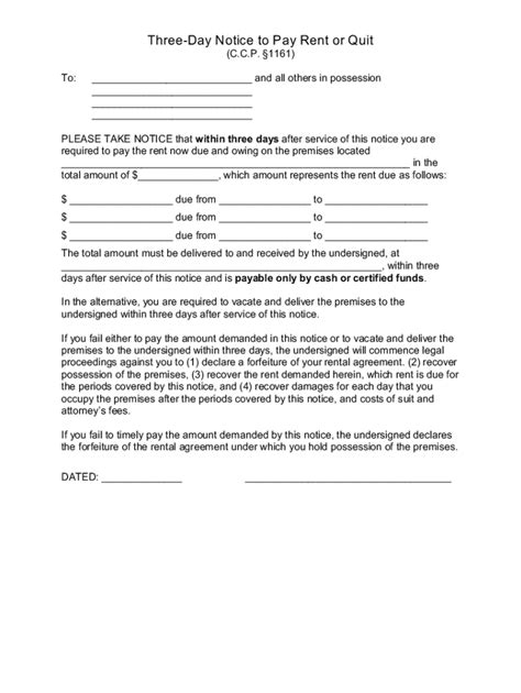 Three Day Notice To Pay Rent Or Quit Blank Fillable Template Fill